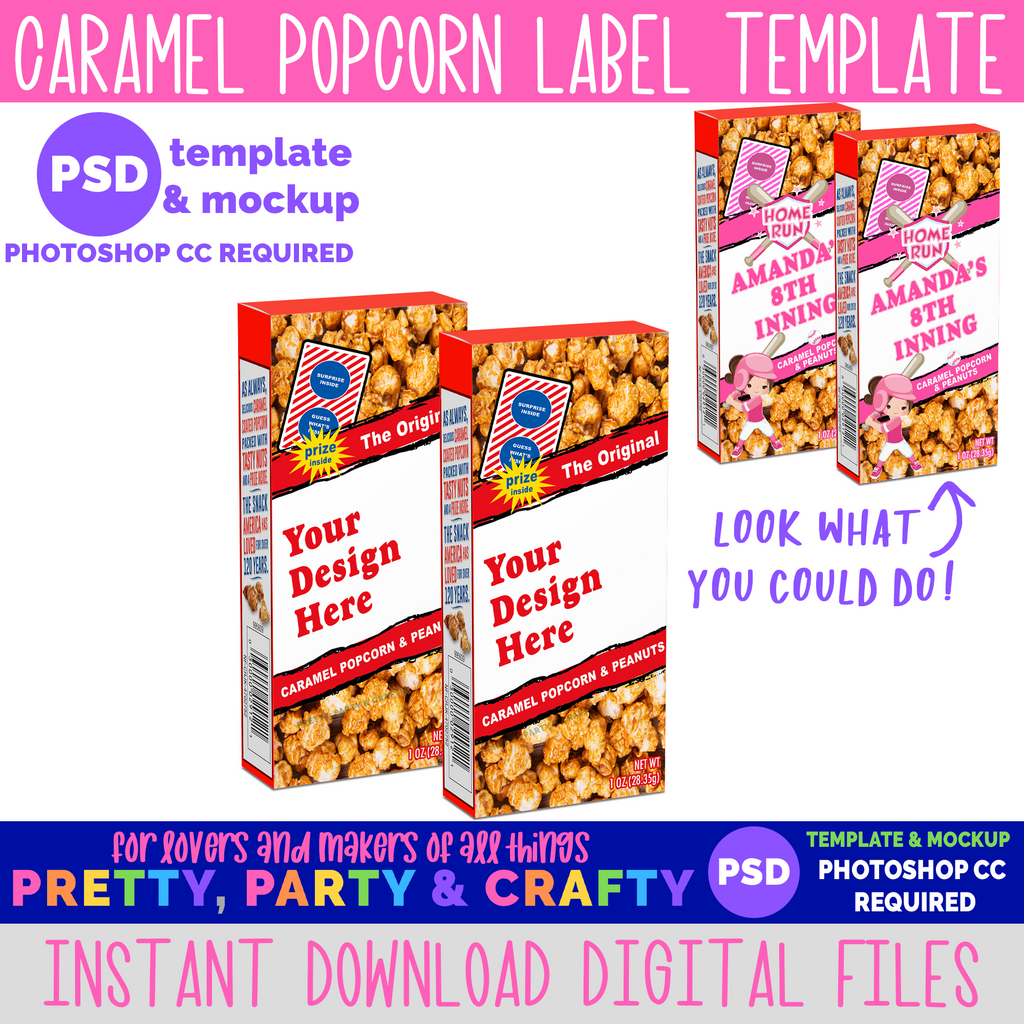 Caramel Popcorn Label Template and Mockup -PHOTOSHOP – Pretty Party and ...
